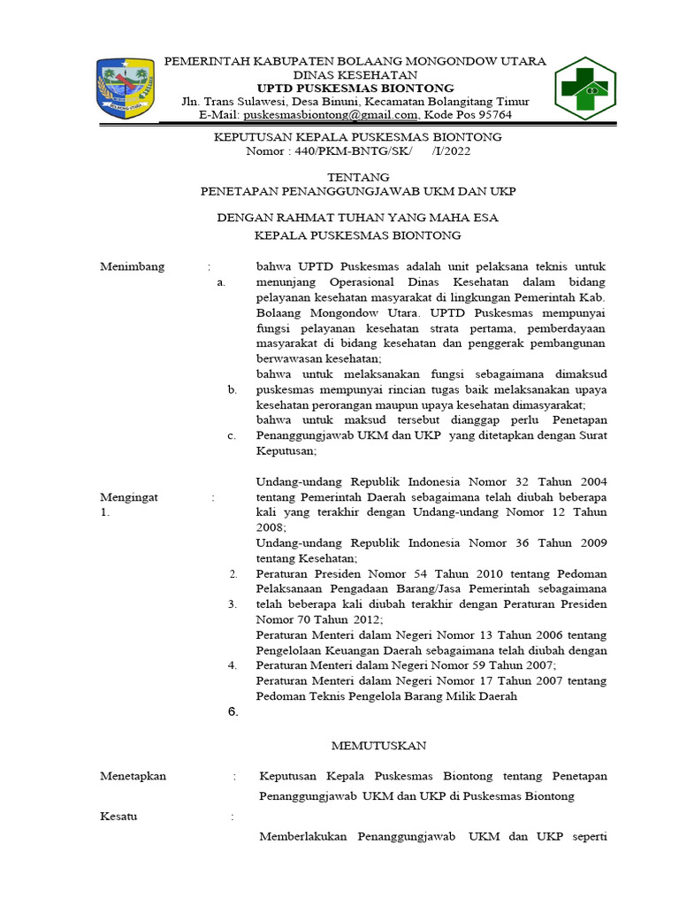 2.1.1.2 SK Kepala Puskesmas Tentang Penanggungjawab UKM Dan UKP | PDF