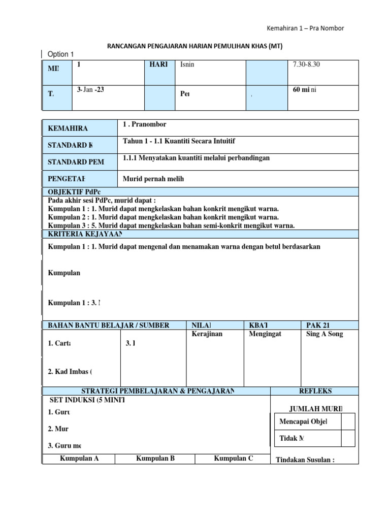 RPH Kemahiran 1 - Pranombor | PDF