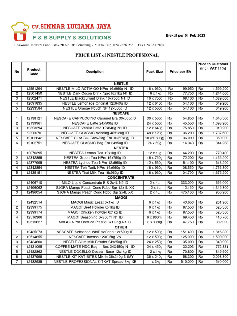 Nestlé Professional Price List 2023 | PDF | Foods | Non Alcoholic Drinks