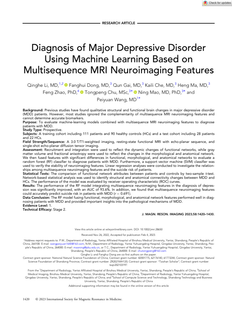 Magnetic Resonance Imaging - 2023 - Li - Diagnosis of Major Depressive Disorder Using Machine ...