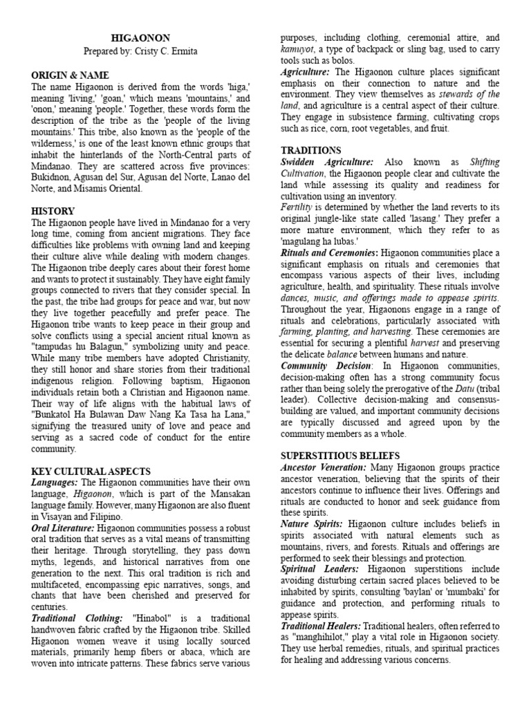 HIGAONON-HANDOUT-ERMITA | PDF | Agriculture | Rituals