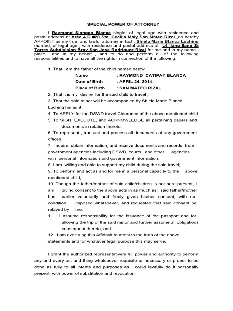 Special Power Of Attorney Travel Minor To Aunt Final 1 Pdf Affidavit Civil Law Common Law