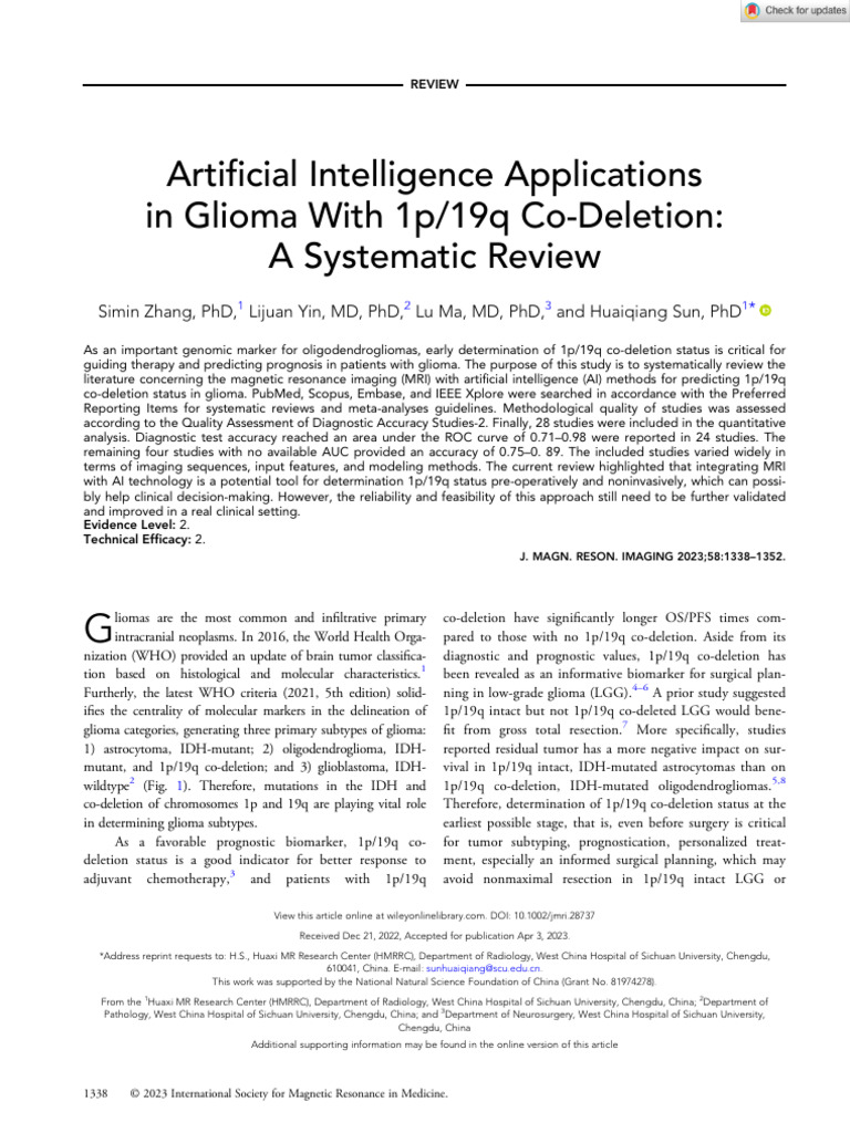 Magnetic Resonance Imaging - 2023 - Zhang - Artificial Intelligence Applications in Glioma With ...