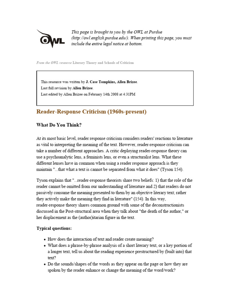 Literary Theory and Schools of Criticism - Reader Response Criticism ...