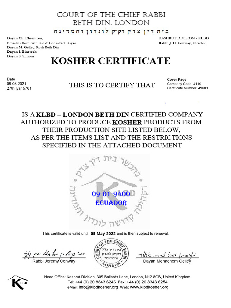 Certificate KOSHER KLBD 2021 - 2022 | PDF | Cocoa Solids | Food Industry