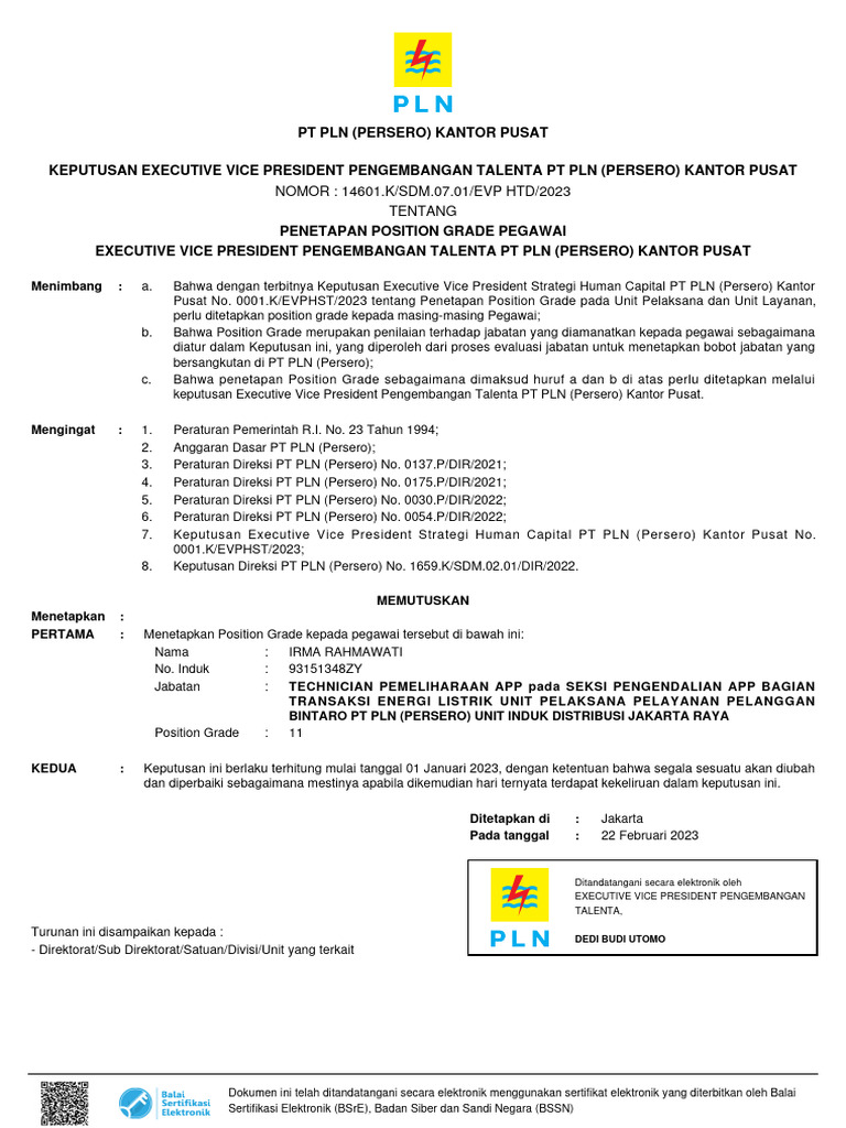 SK Penetapan Position Grade - 14601.K - SDM.07.01 - EVP HTD - 2023 | PDF | Teknologi & Rekayasa