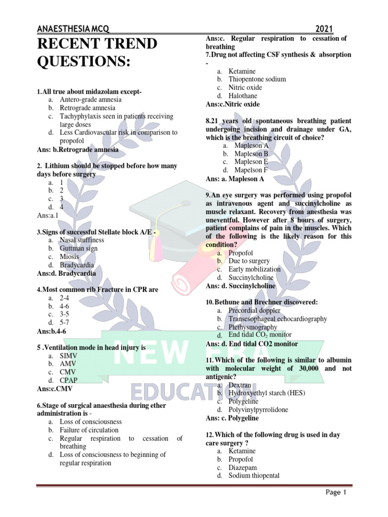 Anaesthesia MCQ 2021 | PDF | Anesthesia | Fentanyl