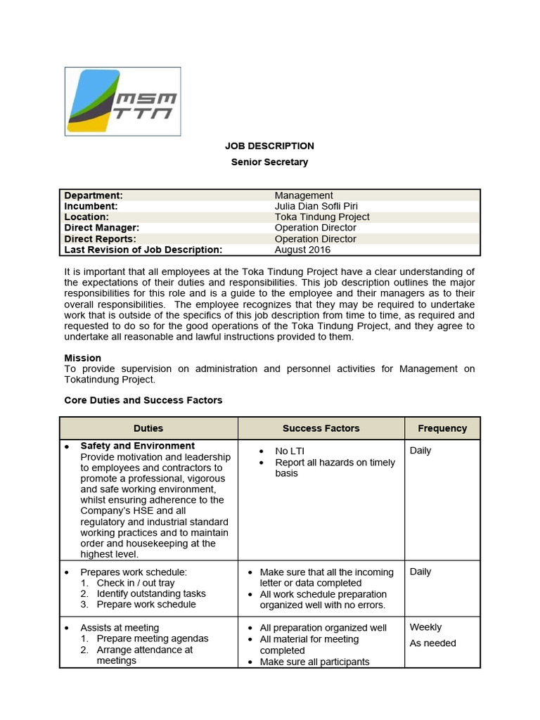 Job Des - Senior Secretary - Julia Piri | PDF | Employment | Integrity