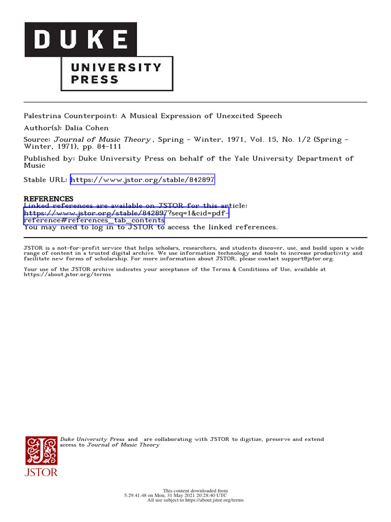 Cohen Palestrina Counterpoint A Musical Expression of Unexcited Speech ...