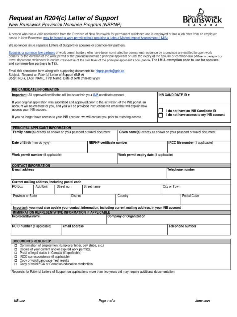 Request An R204 (C) Letter of Support: New Brunswick Provincial Nominee ...