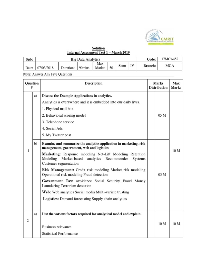 IAT-I Question Paper With Solution of 17MCA452 Big Data Analytics Mar ...