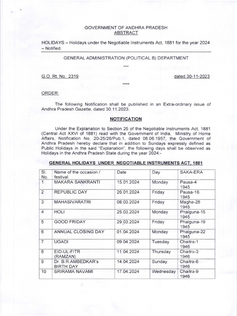 2024 Andhra Pradesh Holiday List | PDF | Observances | Festival