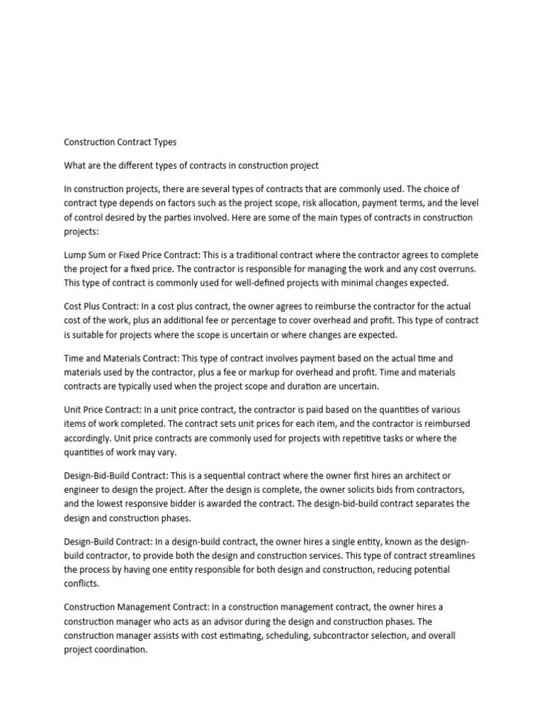 Construction Contract Type Pdf Construction Management Business