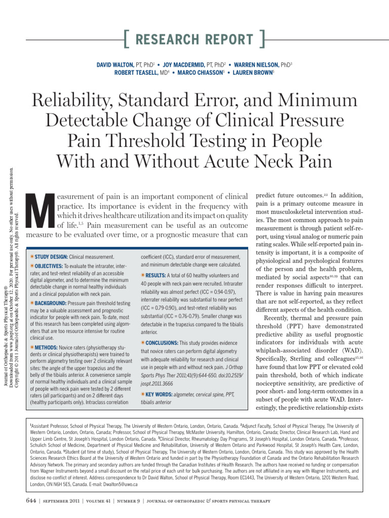 Reliability, Standard Error, and Minimum Detectable Change of Clinical Pressure Pain Threshold ...