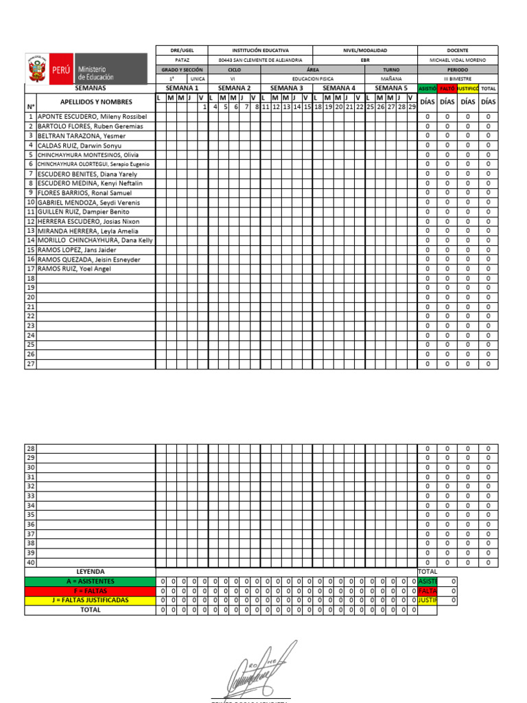 Registro de Asist. Ept 1 Grado | PDF