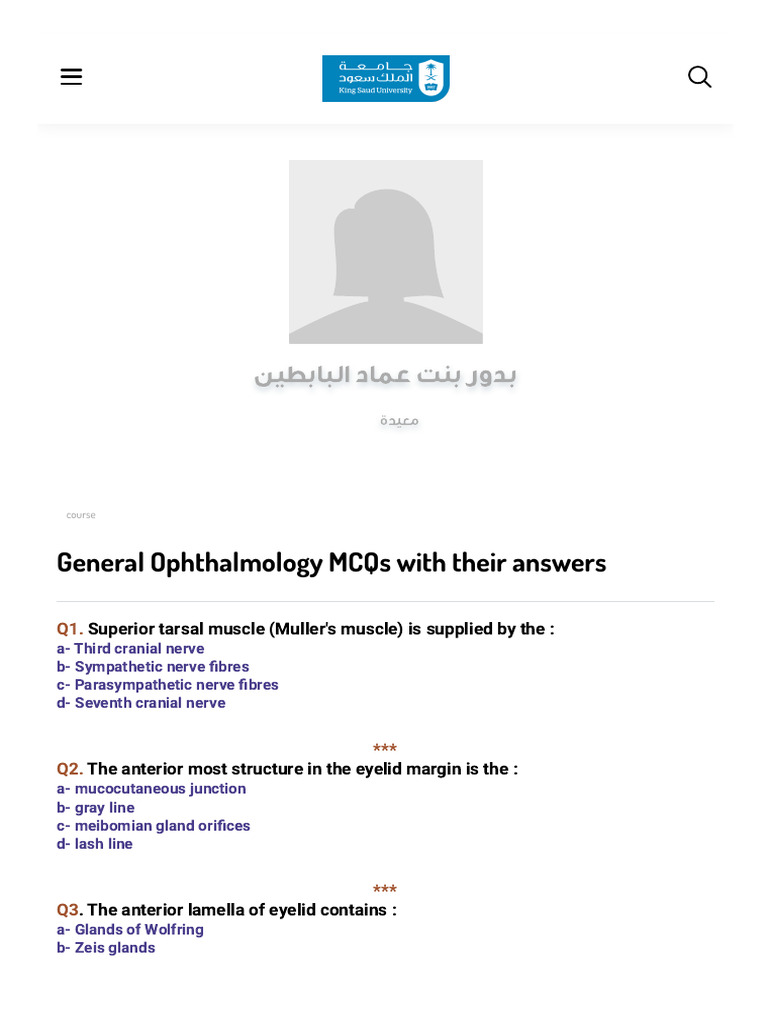 General Ophthalmology MCQs With Their Answers - Faculty Members | PDF | Ophthalmology | Medical ...