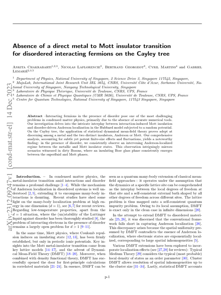 Absence of A Direct Metal To Mott Insulator Transition For Disordered Interacting Fermions On ...