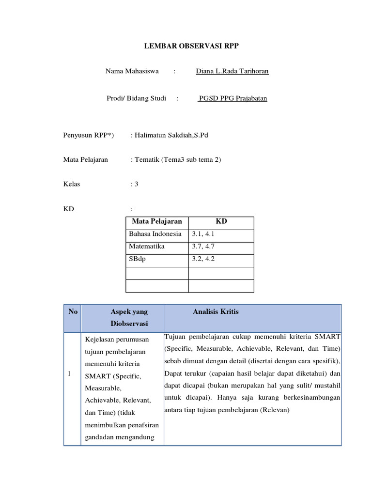 4.LEMBAR OBSERVASI RPP Diana | PDF | Karier & Perkembangan | Seni & Disiplin Bahasa