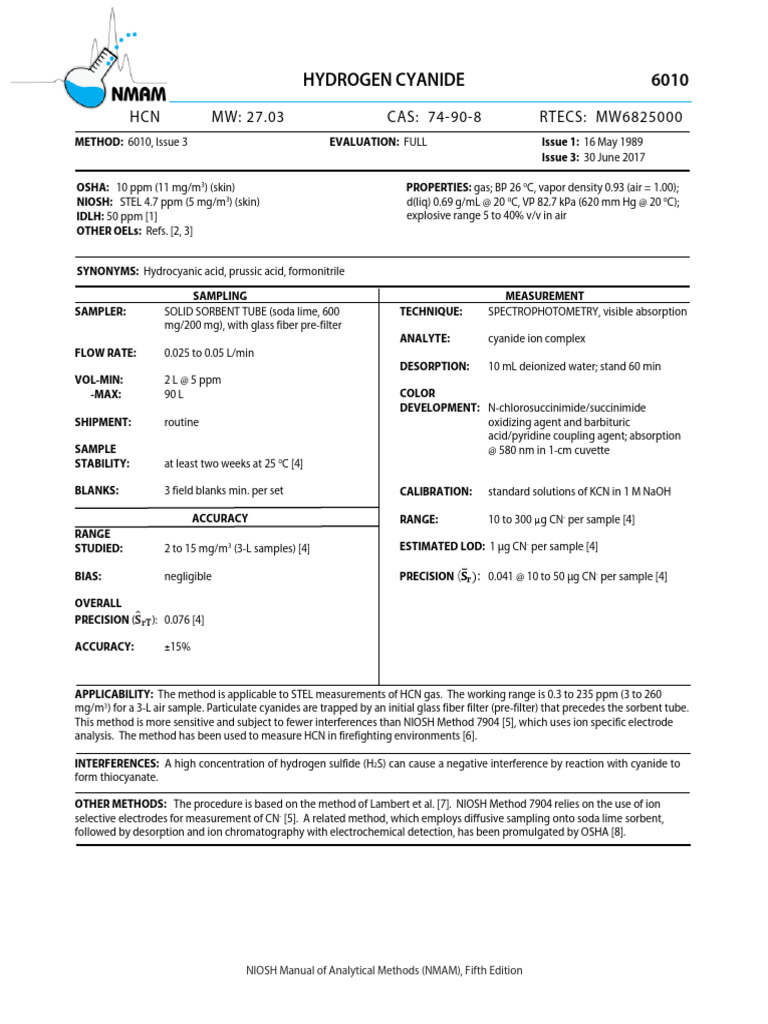 Hydrogen Cyanide 6010: HCN MW: 27.03 CAS: 74-90-8 RTECS: MW6825000 ...