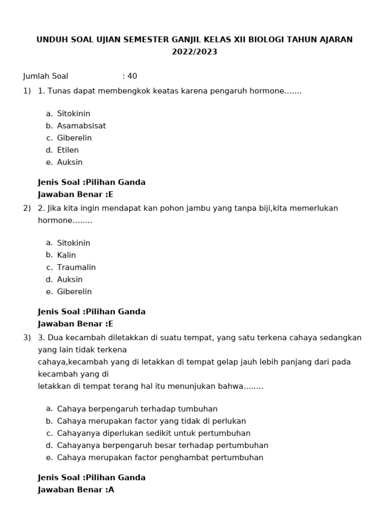 Lembar Soal UJIAN SEMESTER GANJIL KELAS XII BIOLOGI TAHUN AJARAN 2022 - 2023 | PDF