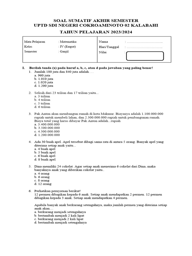Soal Pas Matematika Kelas 4 SD | PDF