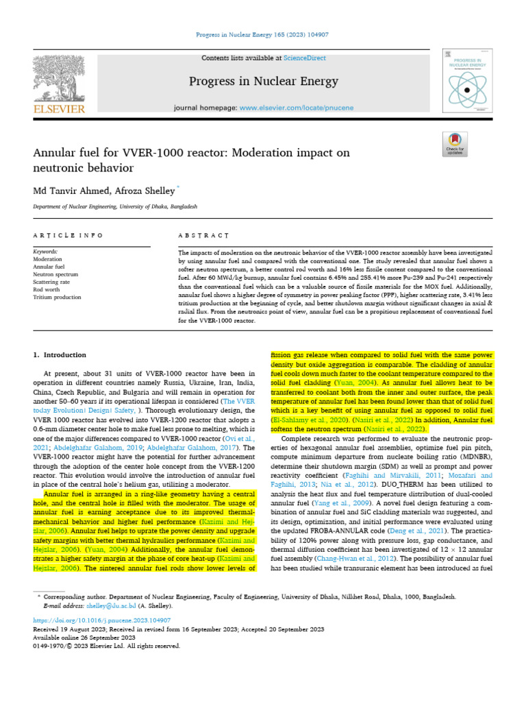 2023 孟加拉 Annular Fuel for VVER-1000 Reactor Moderation Impact on ...