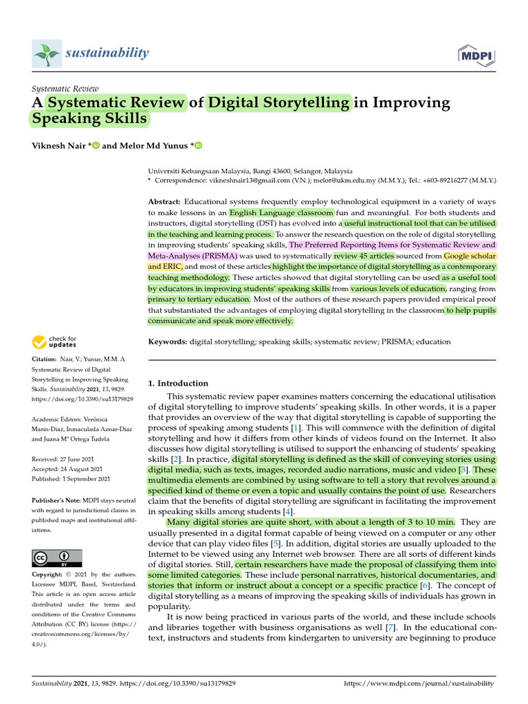 Nair 2021 - A Systematic Review of Digital Storytelling in Improving Speaking Skills | PDF ...