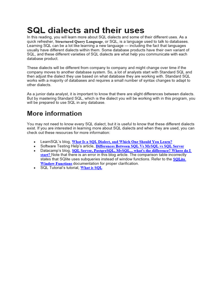 SQL Dialects and Their Uses | PDF | Computers