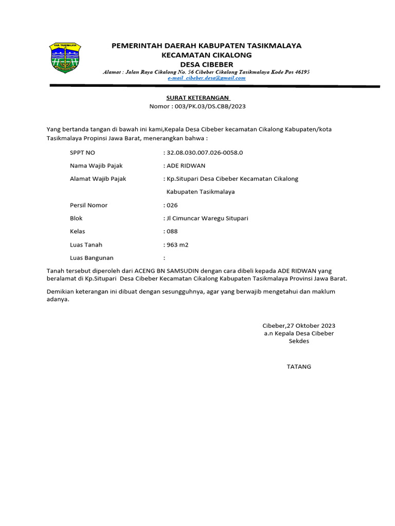 Surat Ket Belum Balik Nama SPPT | PDF