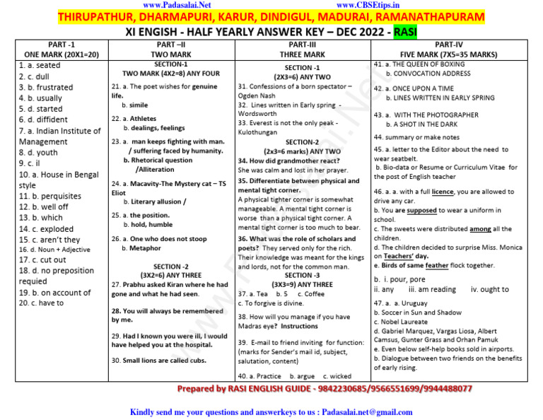 11th English Half Yearly Exam 2022 Answer Key To Half Yearly Exam 2022