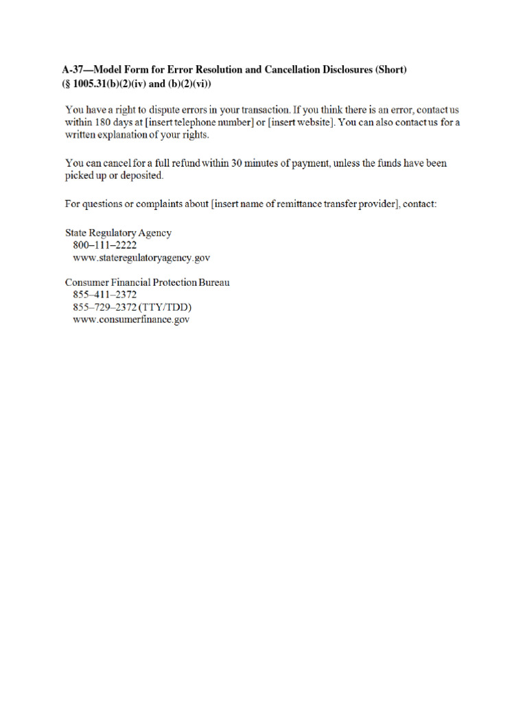CFPB - Model Form - Remittance Rule A 37 | PDF