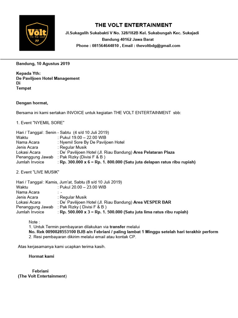 Invoice The Volt (De Paviljoen Hotel) | PDF