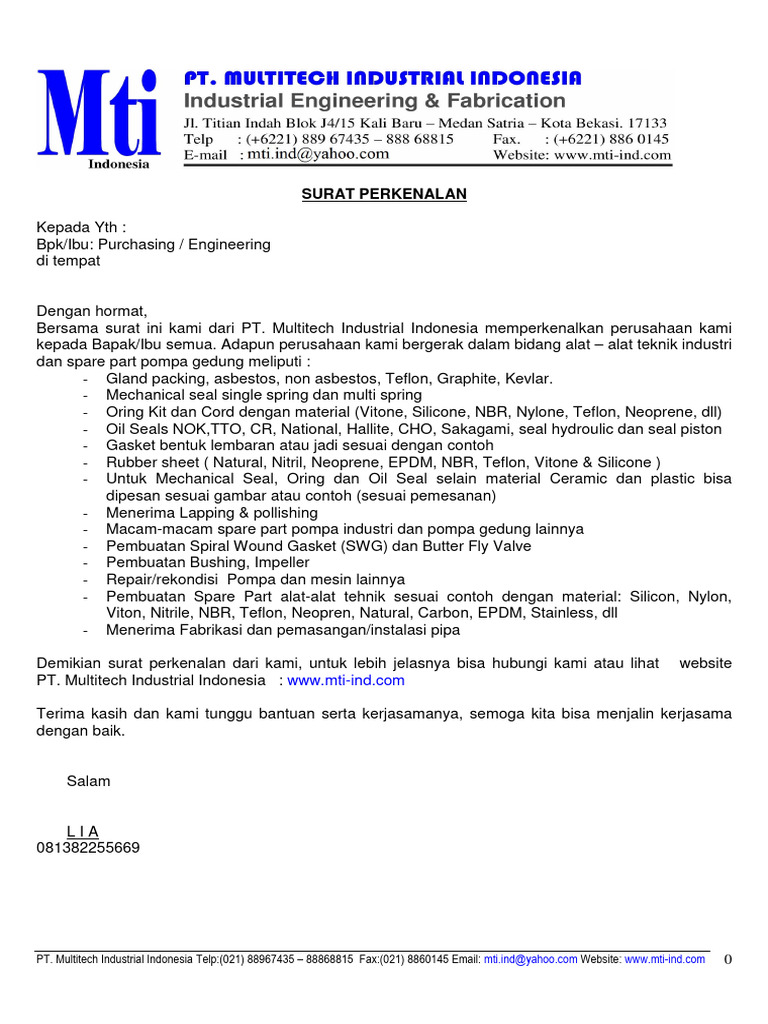 Surat Perkenalan & Catalog Lia - MTI | PDF