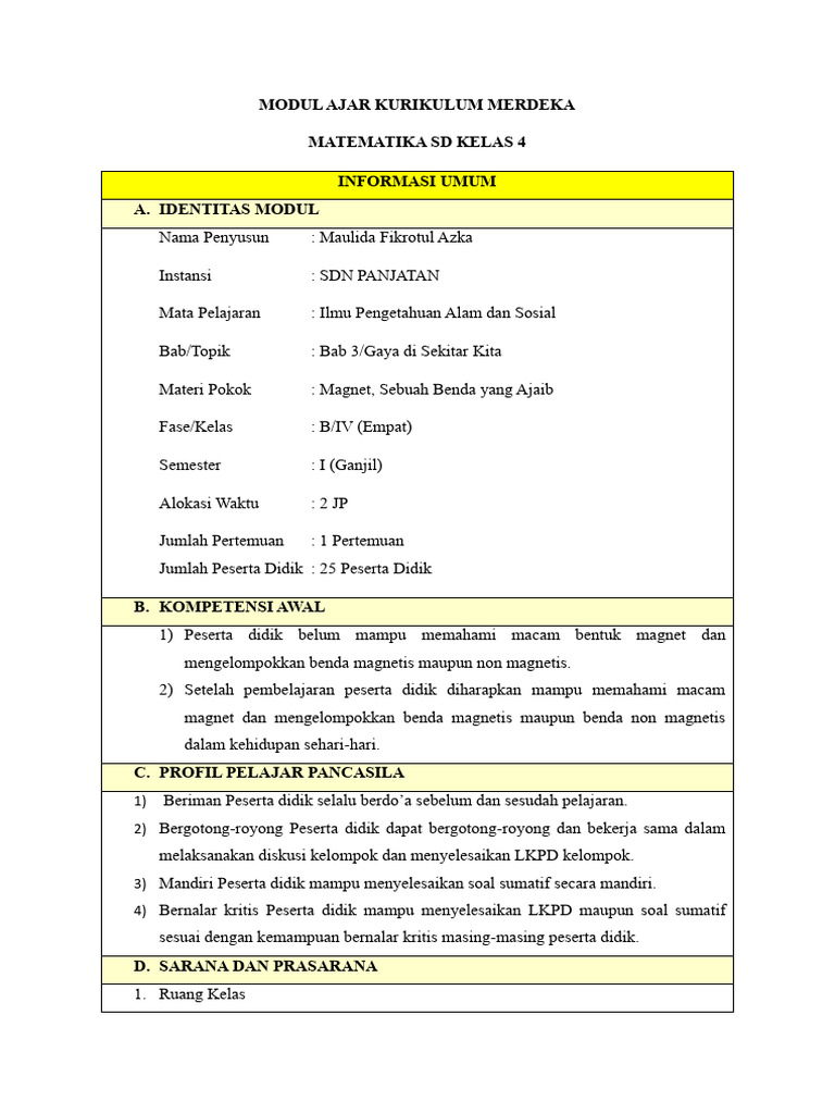 Modul Ajar Ipas Kelas 4 - Magnet, Sebuah Benda Yang Ajaib | PDF