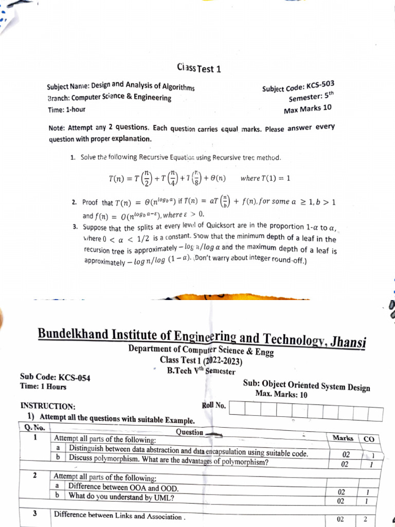 Class Test Questions on Algorithms and Software Engineering | PDF ...
