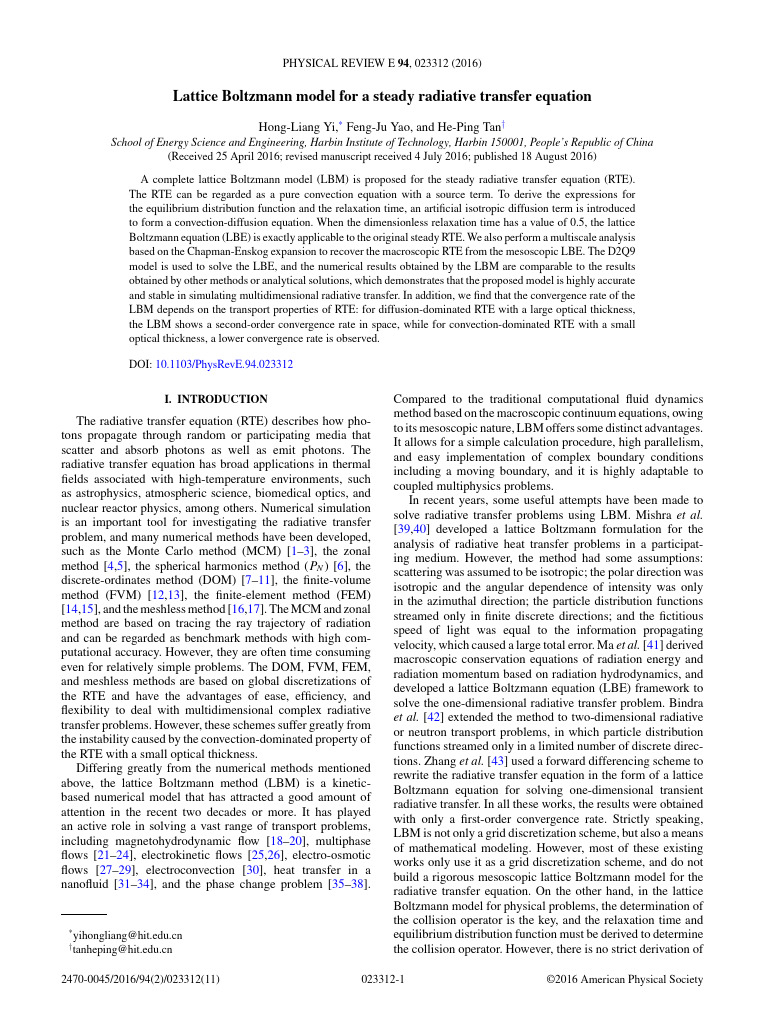 2016.Lattice Boltzmann Model for a Steady Radiative Transfer Equation | PDF | Diffusion | Physics