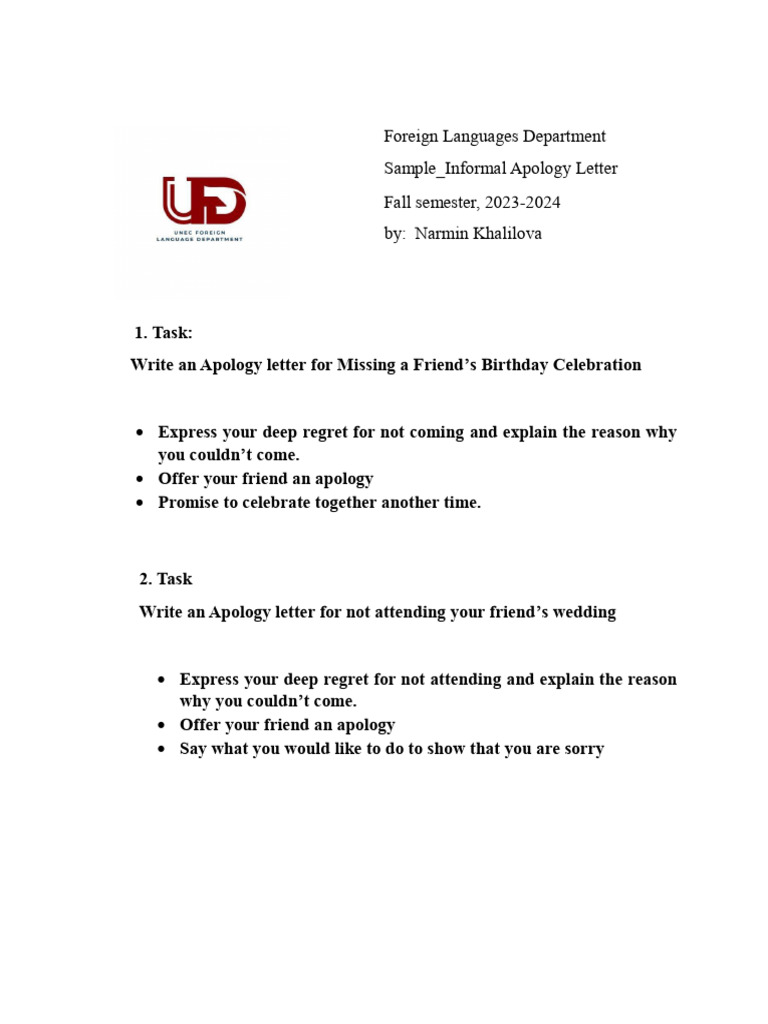 Sample Informal Apology Letter Fall Semester 2023-2024 | PDF