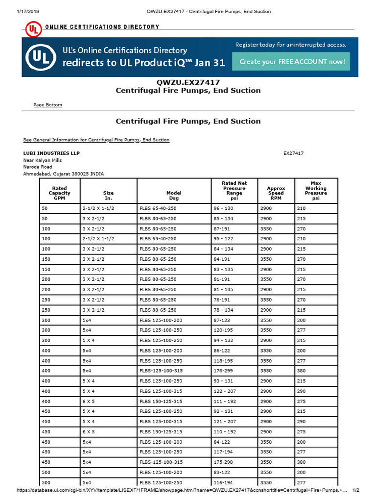 03.UL Certificate - Centrifugal Fire Pumps, End Suction | PDF | Pump ...