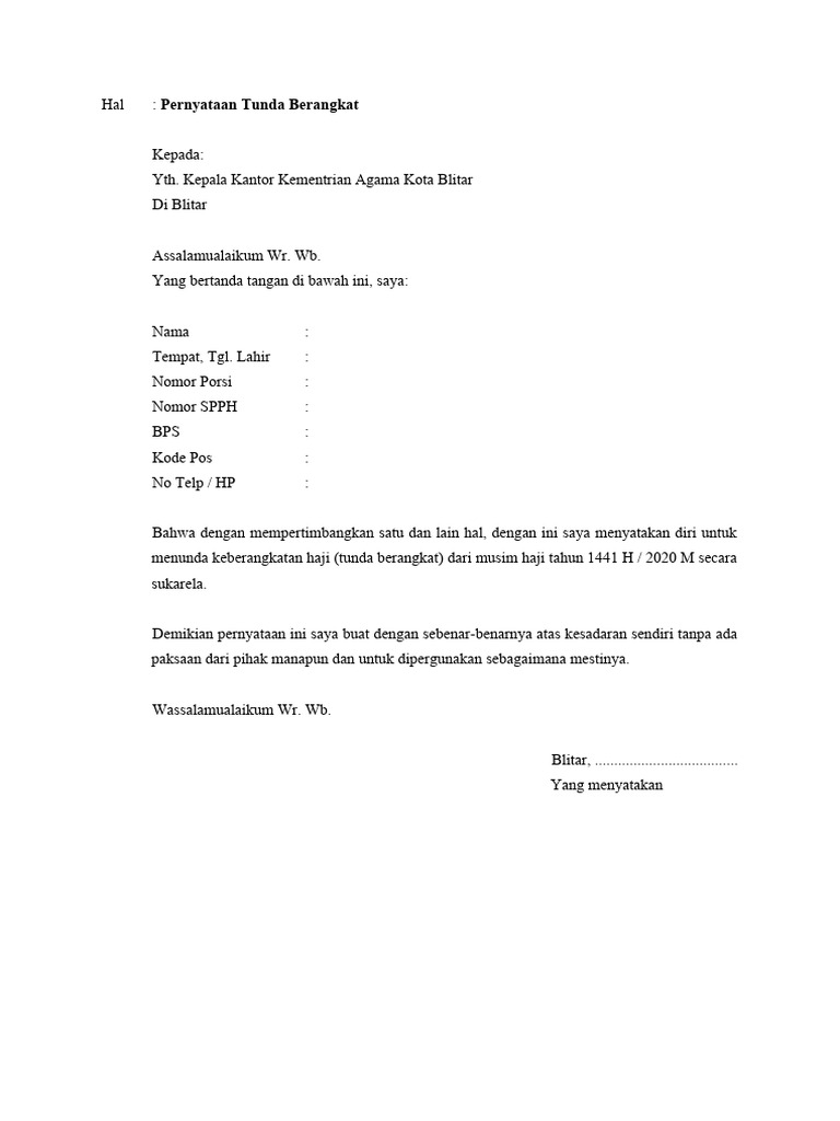 Surat Pernyataan Tunda Berangkat Haji | PDF | Hukum