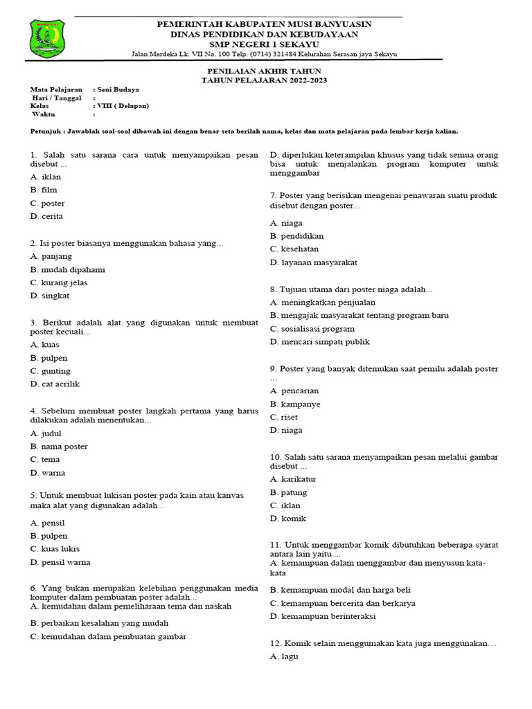 Soal Pas Genap Senbud Kelas 8 2023 Deta | PDF