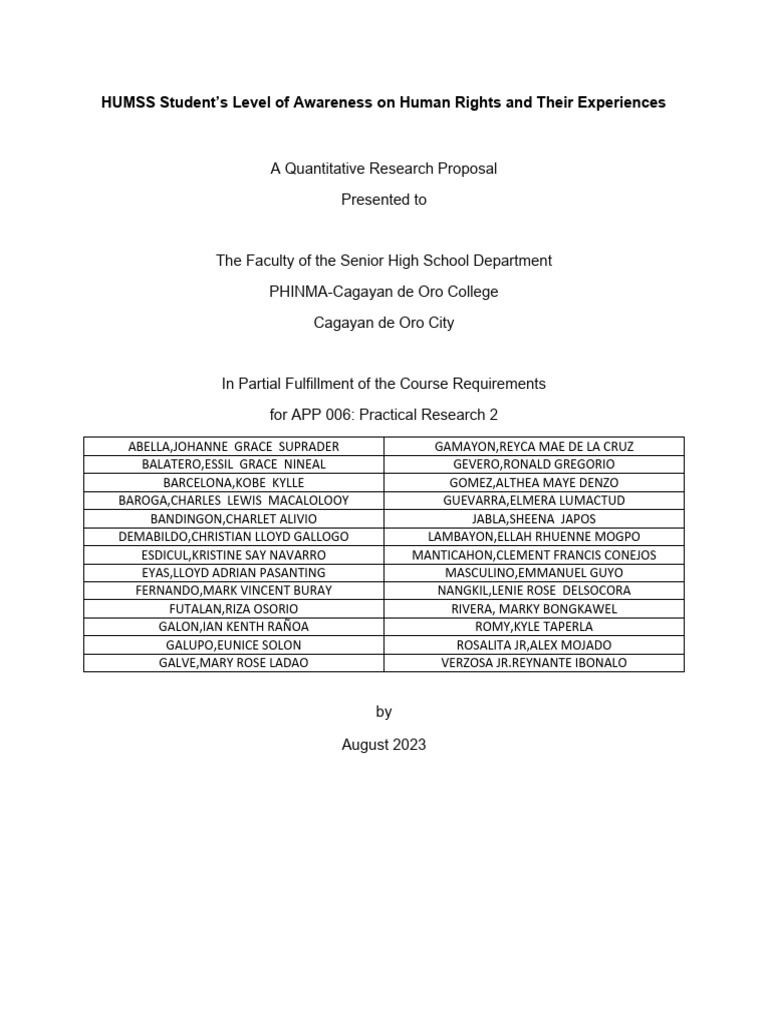 HUMSS Student's Level of Awareness On Human Rights and Their ...