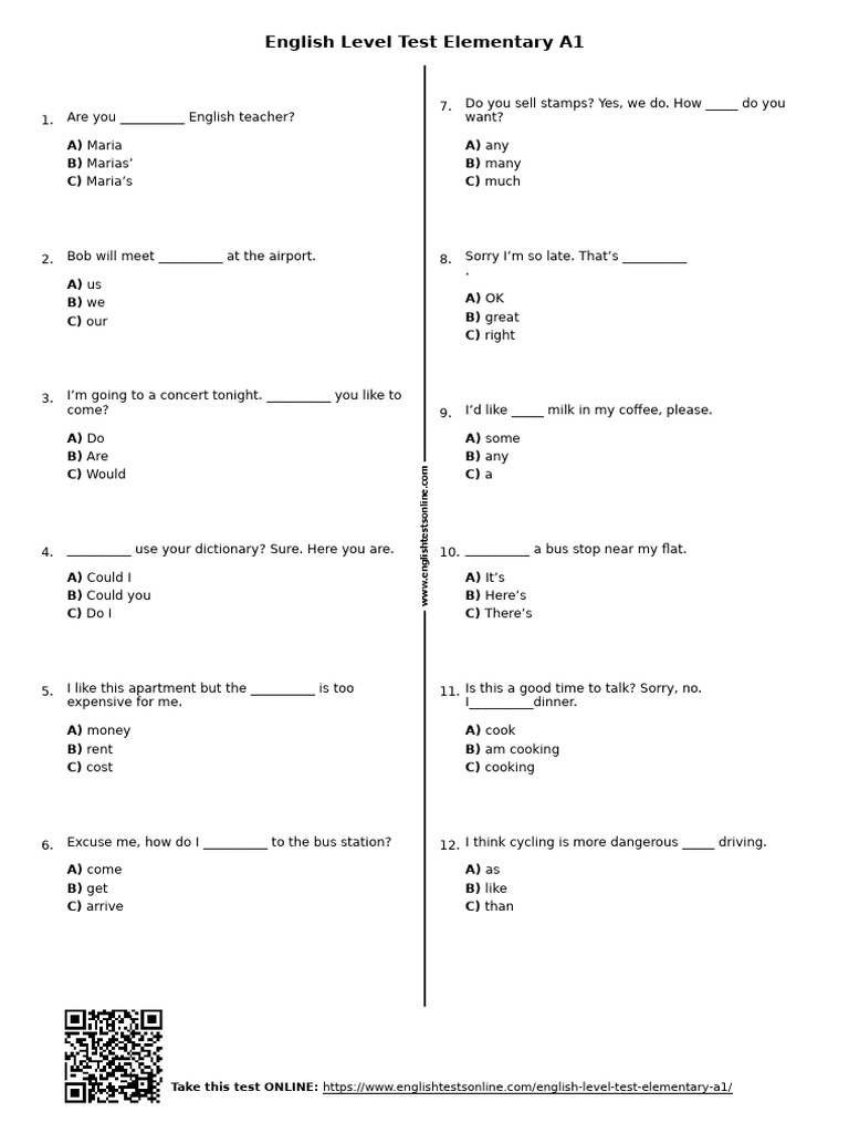 English Level Test A1 for Beginners | PDF