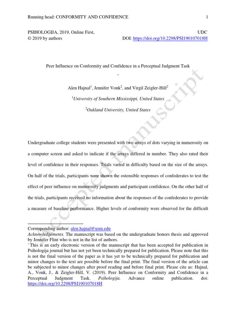 Peer Influence On Conformity and Confidence in A P | PDF | Conformity ...