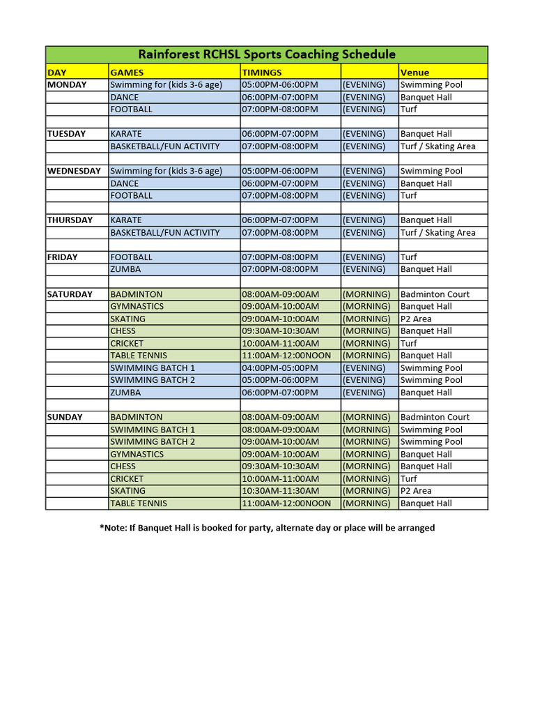 Rainforest Coaching Schedule Updated | PDF | Sports