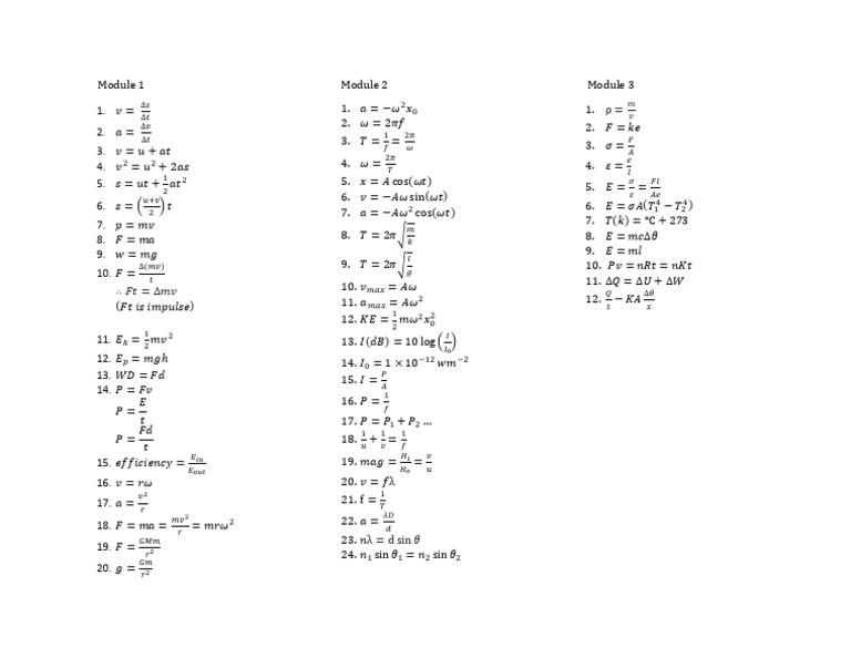 CAPE Physics Unit 1 Formula Sheet | PDF