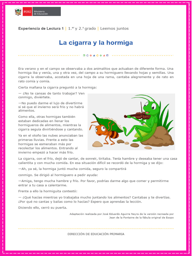 Fábula "La Cigarra y la Hormiga" | PDF