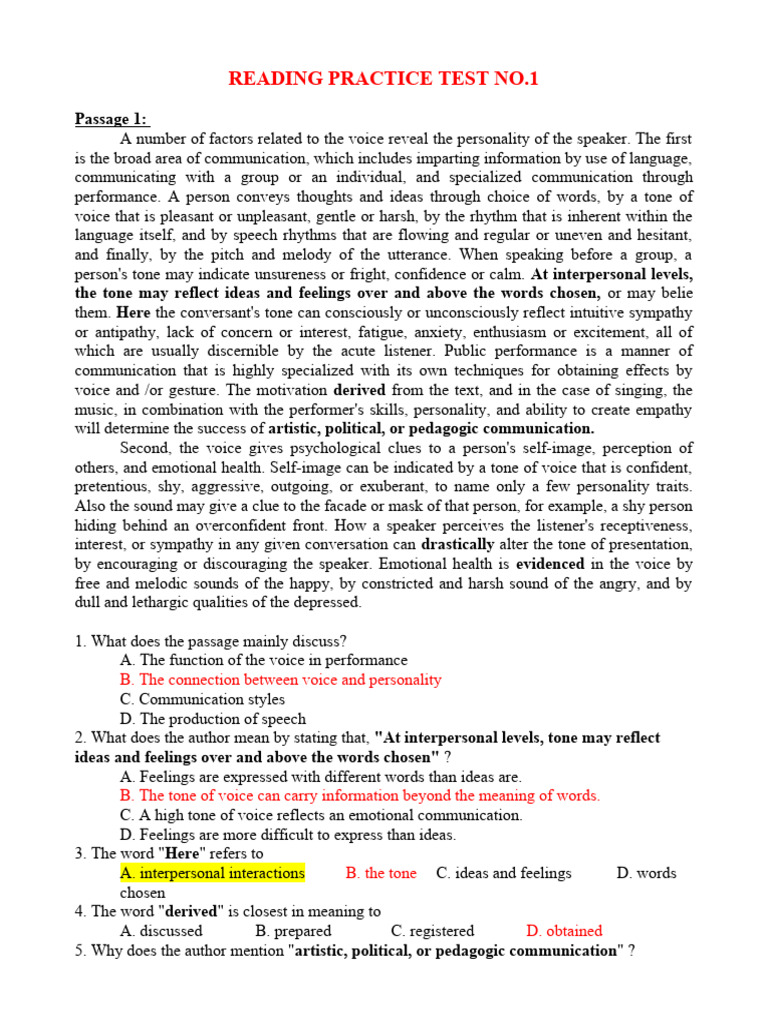 Reading Practice Test No 1 PDF Communication Human Voice