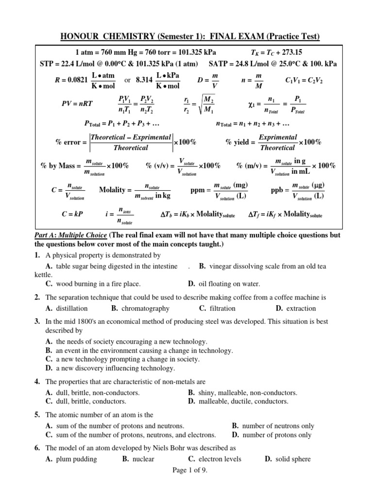 Final Exam Practice Test (Semester 1) | PDF | Gases | Vapor