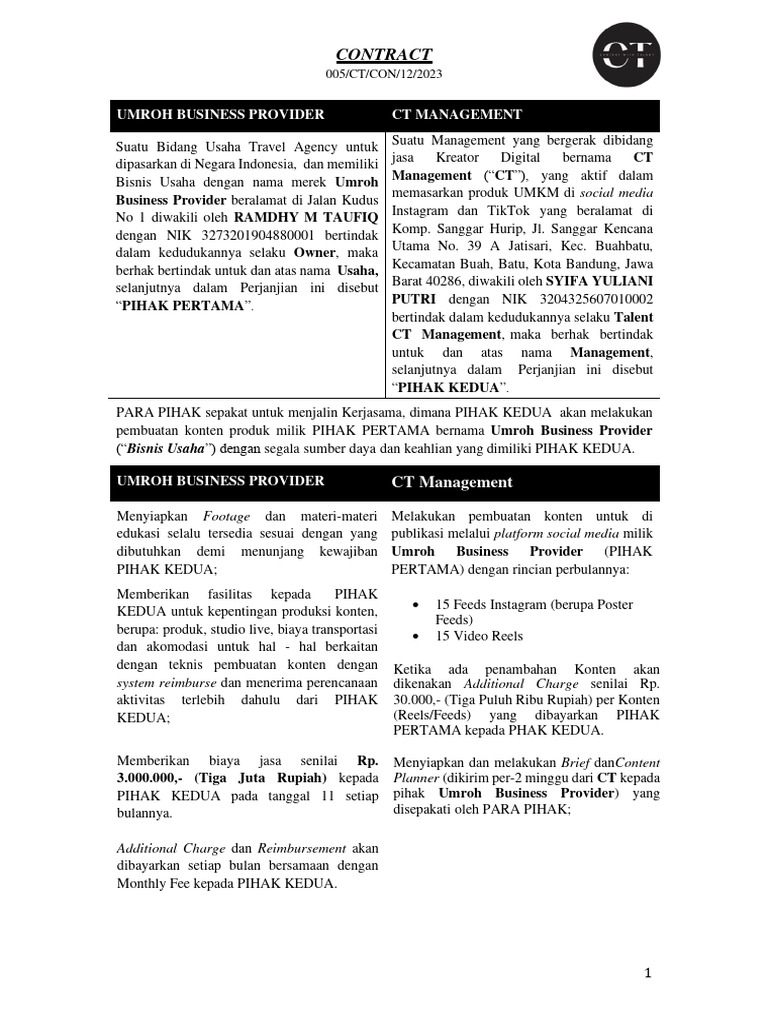 (Update) CONTRACT Umroh Business Provider X CT Management | PDF