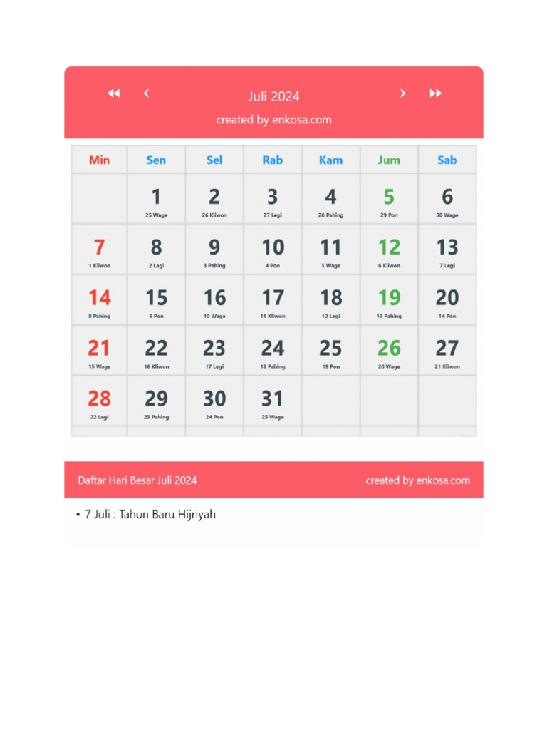 Kalender Juli 2024 Created by Enkosa | PDF